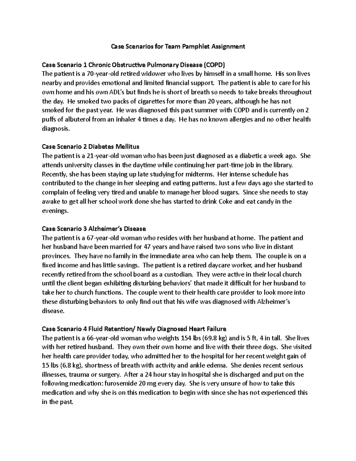Case Scenarios for Pamphlet Assignment - Case Scenarios for Team ...