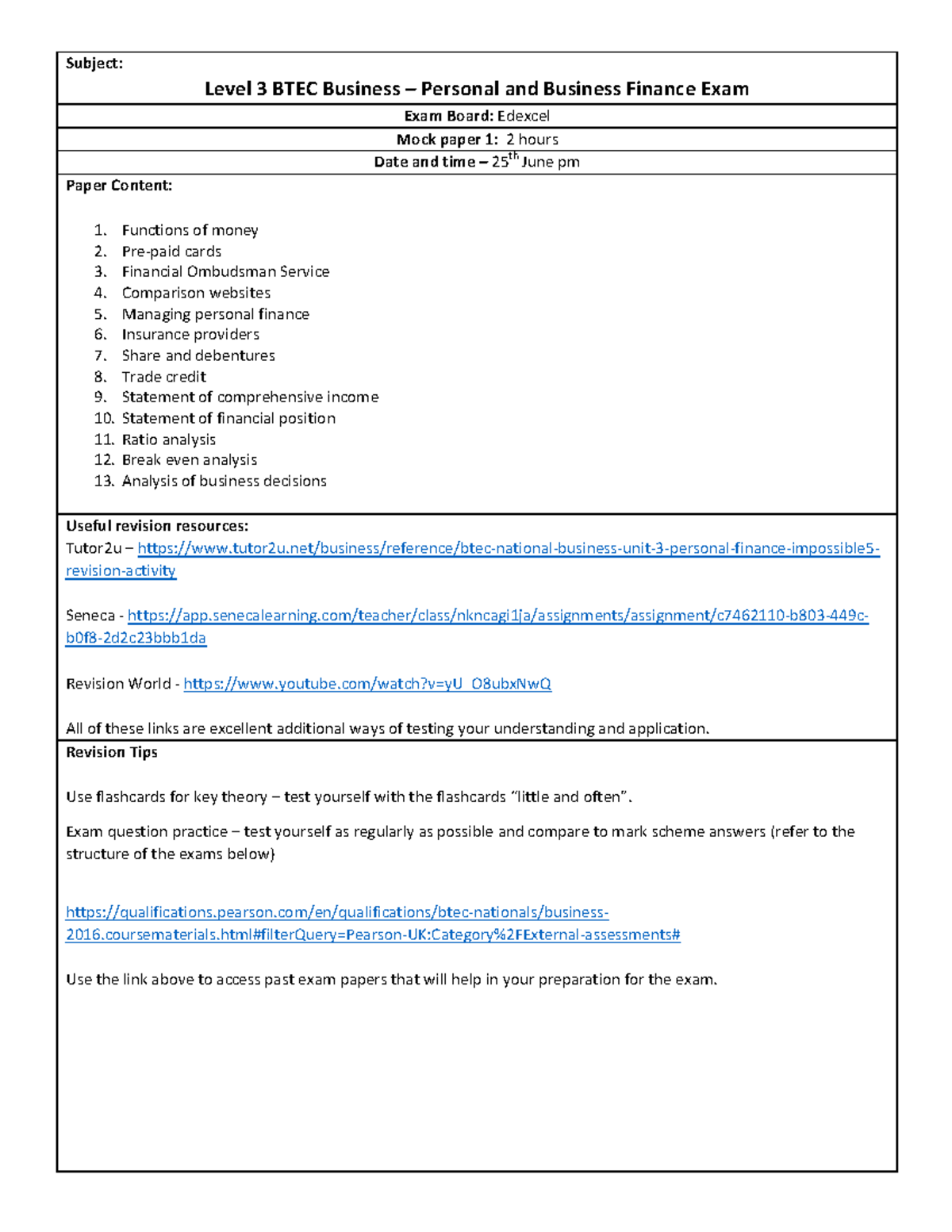 BTEC Business Yr 12 Mock Revision List - Subject: Level 3 BTEC Business ...