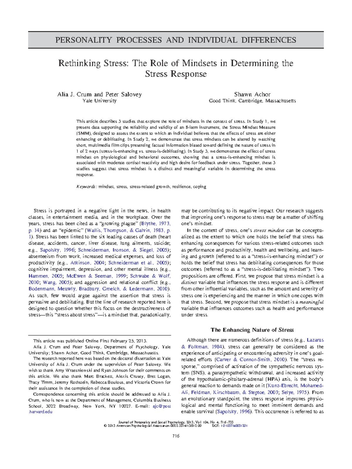 Rethinking Stress - PERSONALITY PROCESSES AND INDIVIDUAL DIFFERENCES ...