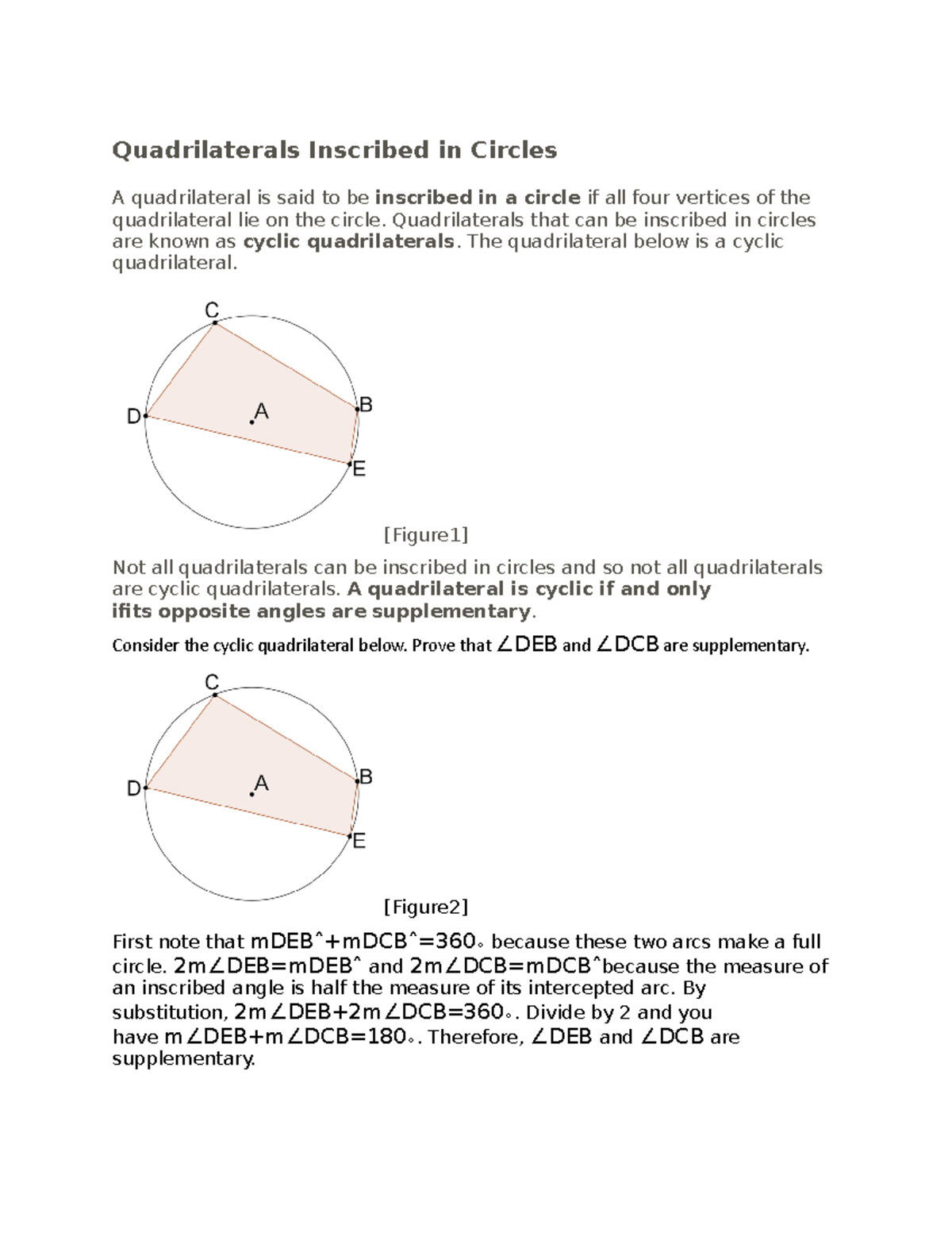 Math part 34 - Notes - Quadrilaterals Inscribed in Circles A ...
