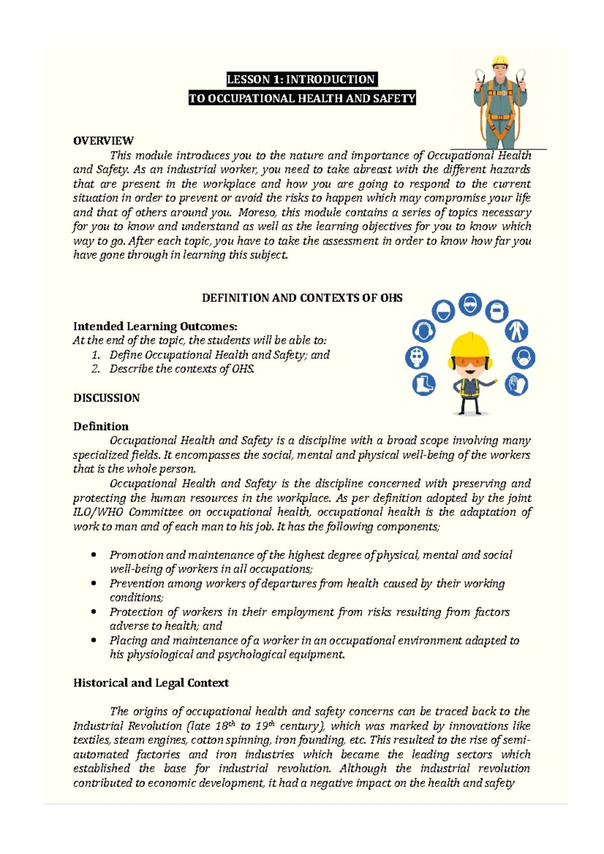 Definition AND Context OF OHS1 - LESSON 1: INTRODUCTION TO OCCUPATIONAL ...