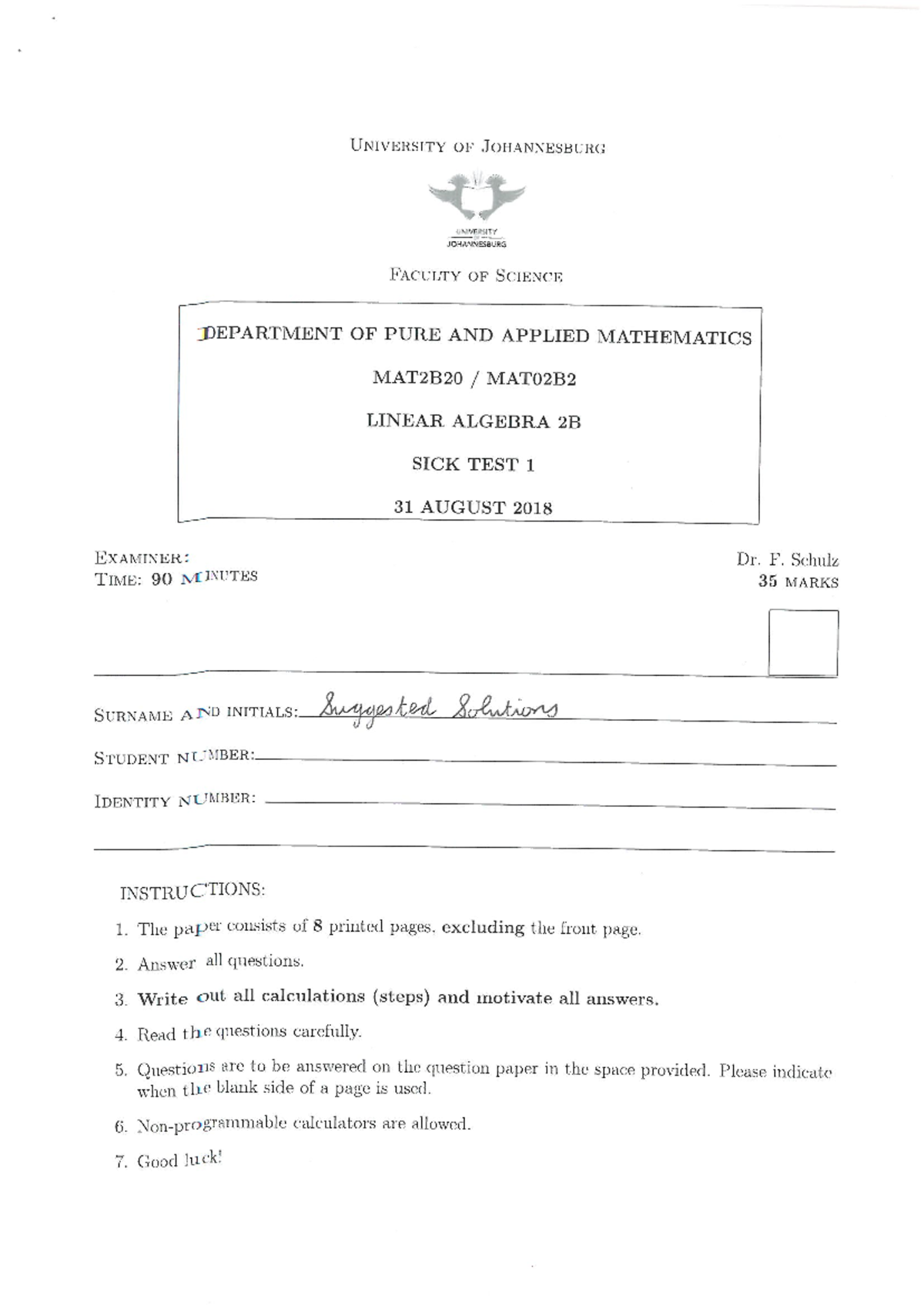 Sick Test 1 Solutions - 2018 Sick Test 1 Memo - UNIVERSITY OF ...
