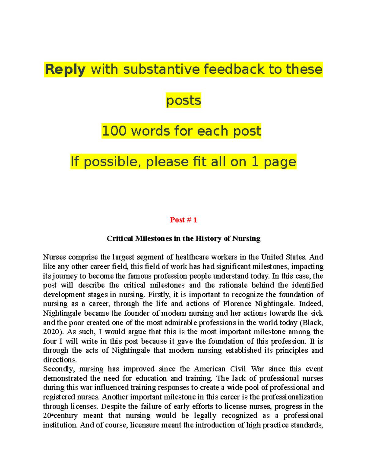 Reply to posts - discussions - Reply with substantive feedback to these ...