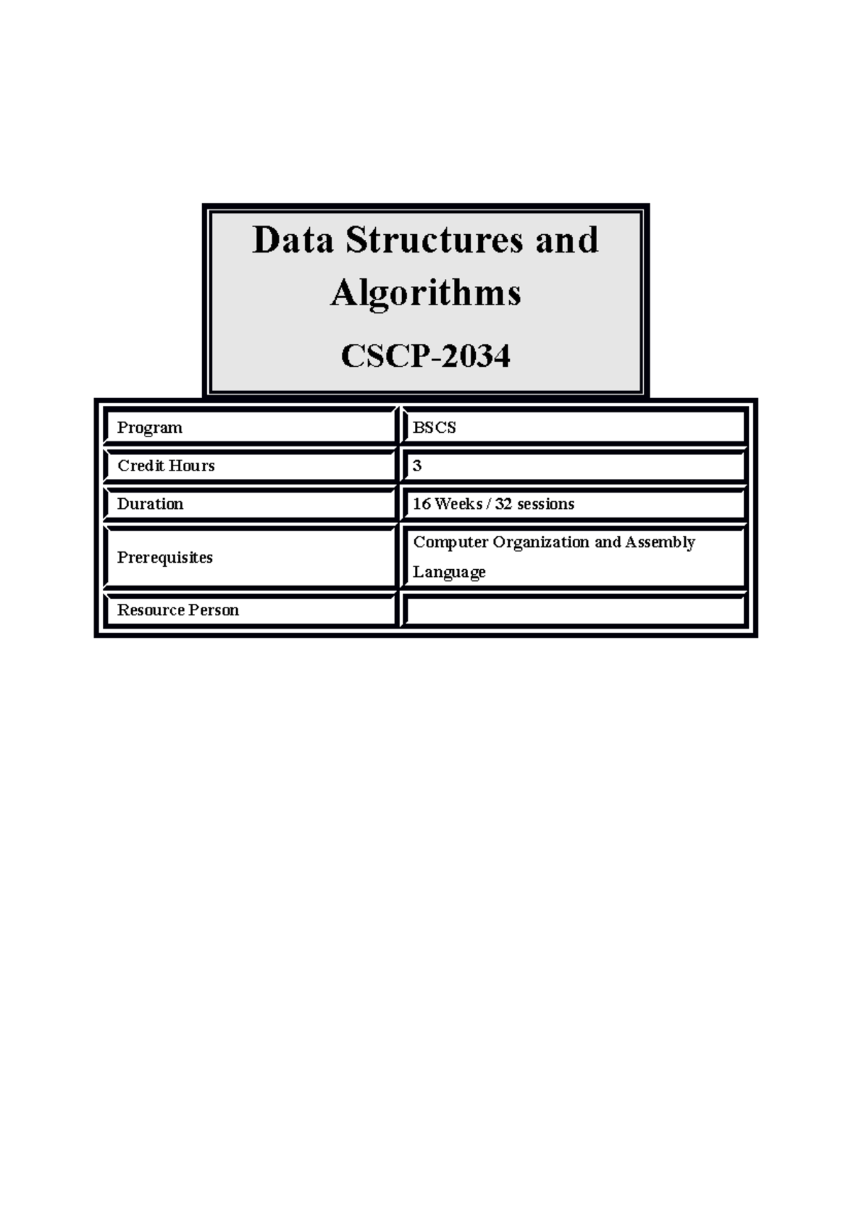 Data Structures and Algorithms( Latest) - Program BSCS Credit Hours 3 ...