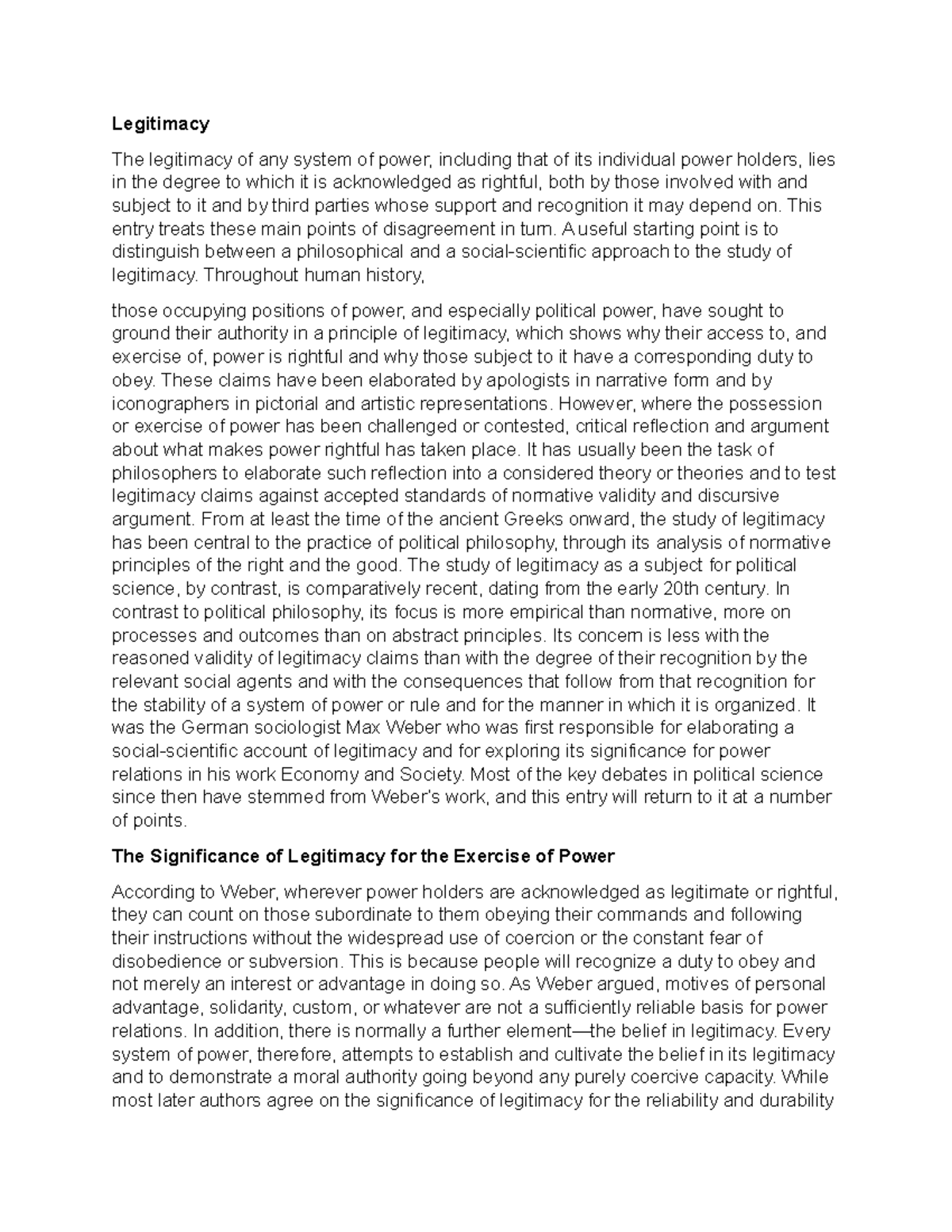 Legitimacy - Legitimacy The legitimacy of any system of power ...