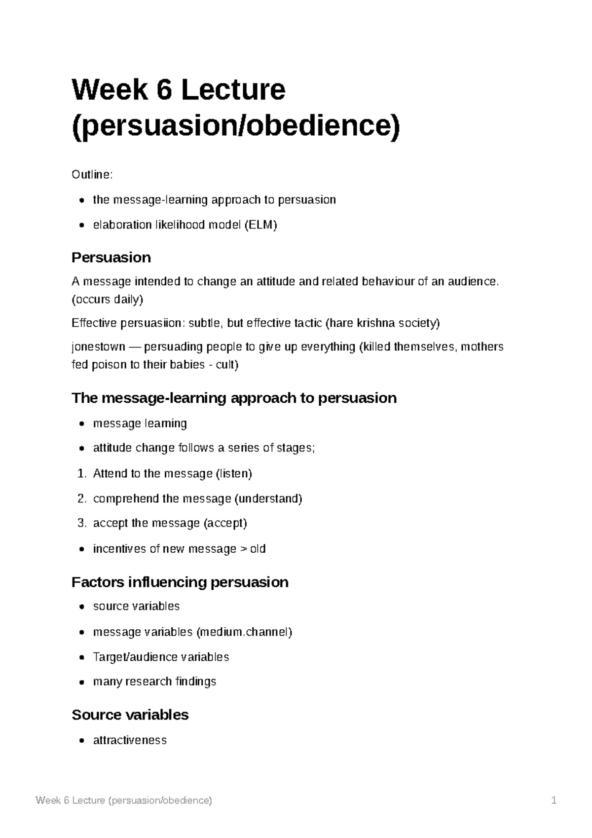 Week 6 Lecture (persuasionobedience) - Week 6 Lecture (persuasion/obedience) Outline: the - Studocu