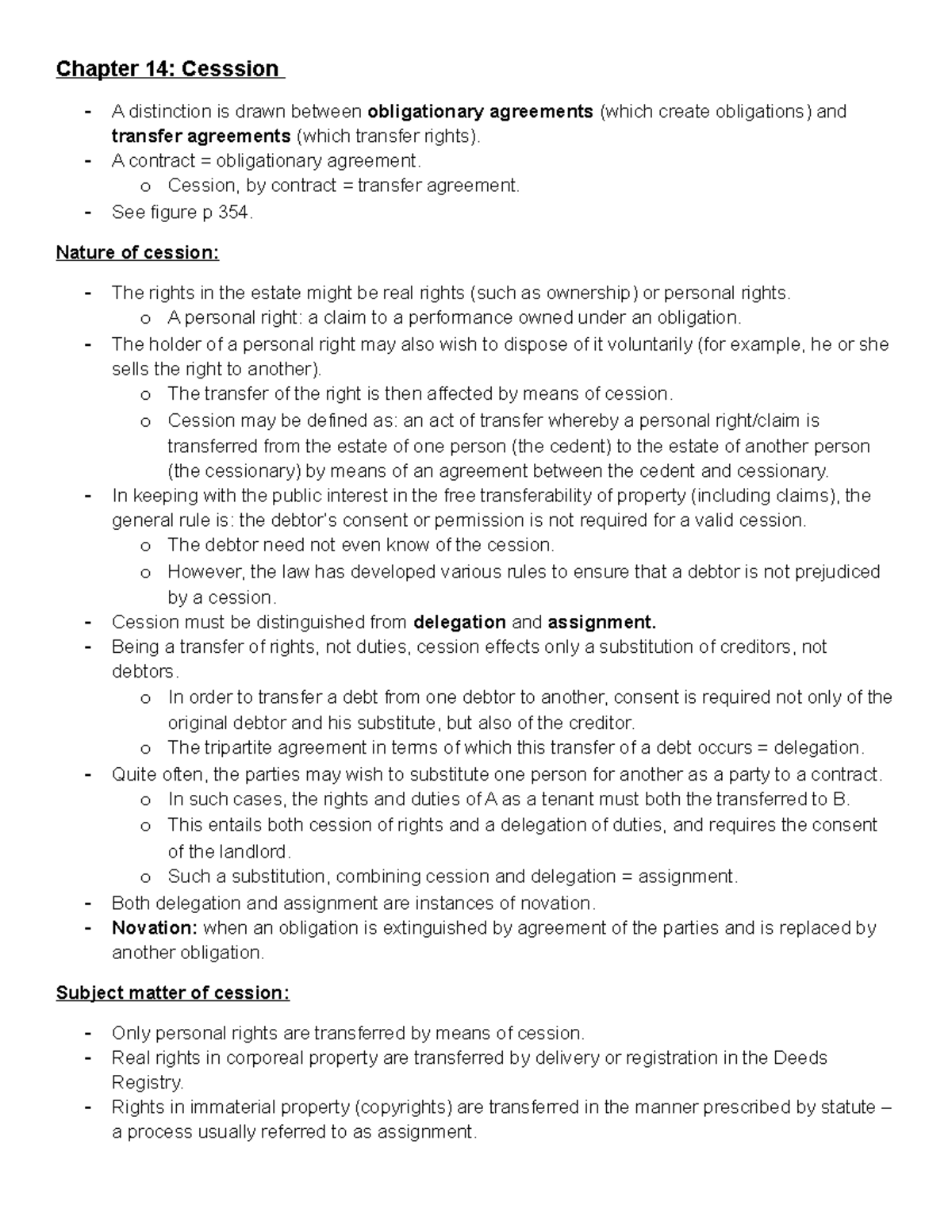 Chapter 14 Cession - summaries - JLCV201 - Mandela - Studocu