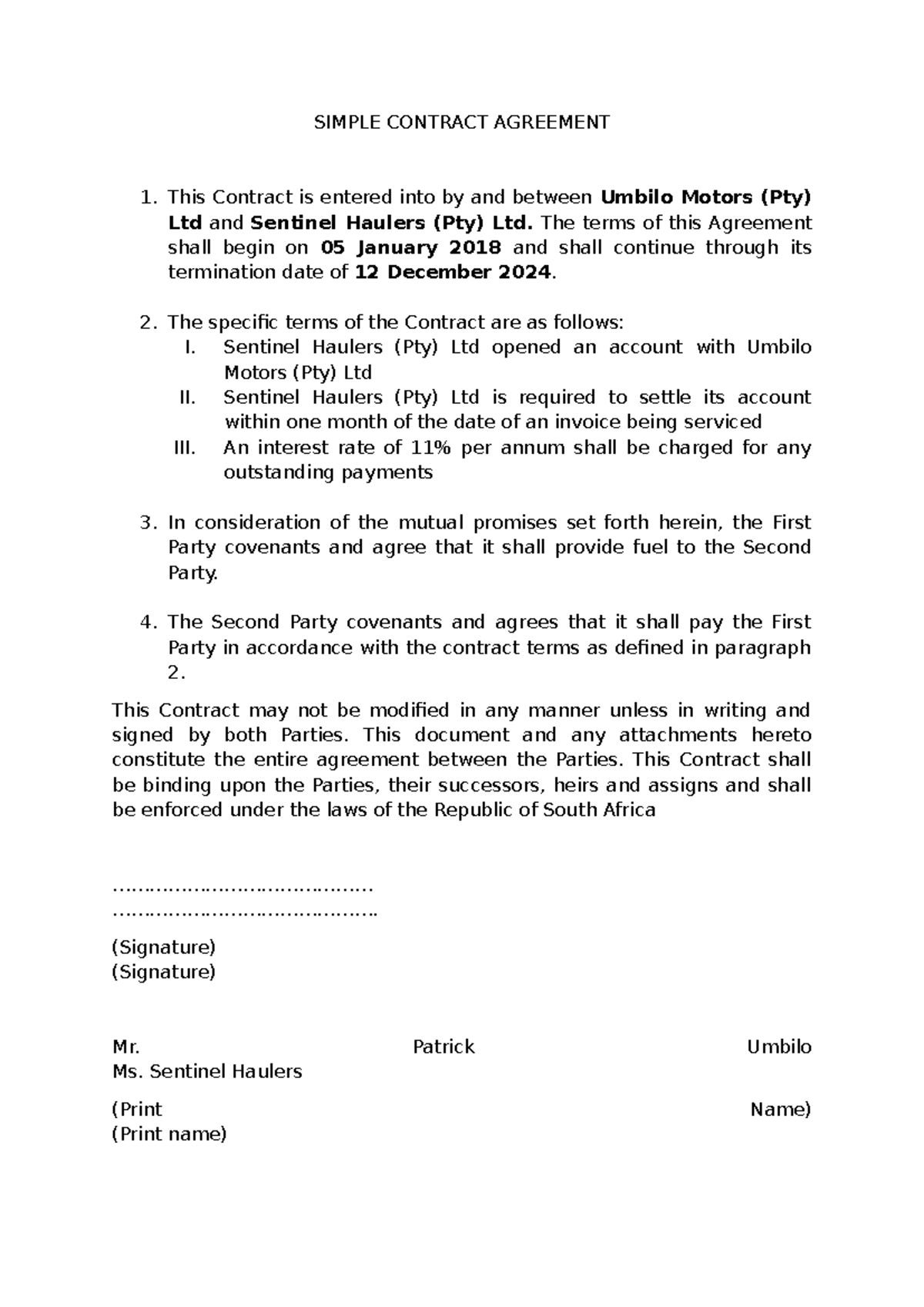 Simple Contract Agreement Assesment 3 - SIMPLE CONTRACT AGREEMENT This ...