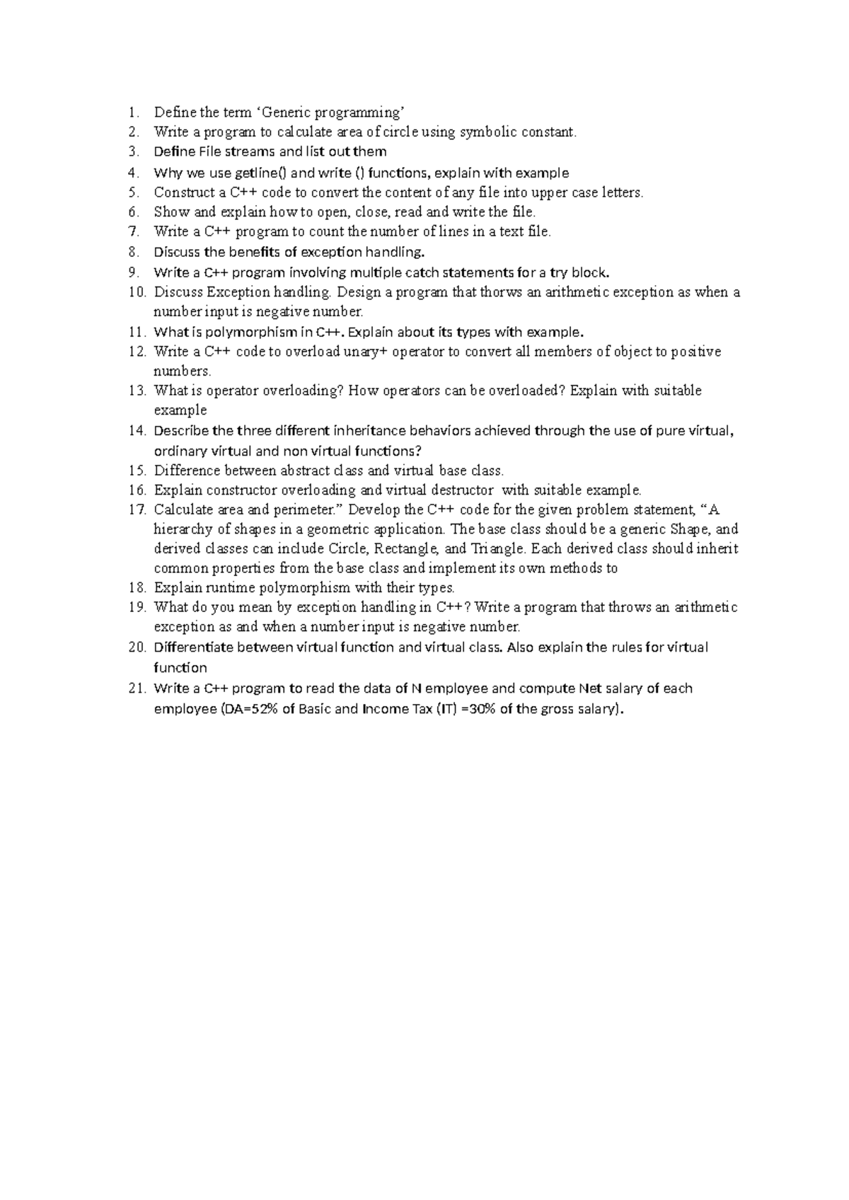 Qb Quetiob Bank For Oop Define The Term ‘generic Programming Write A Program To Calculate