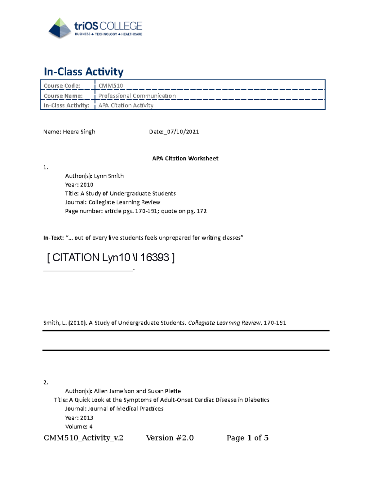 In-Class Activity APA Citation file - In-Class Activity Course Code ...
