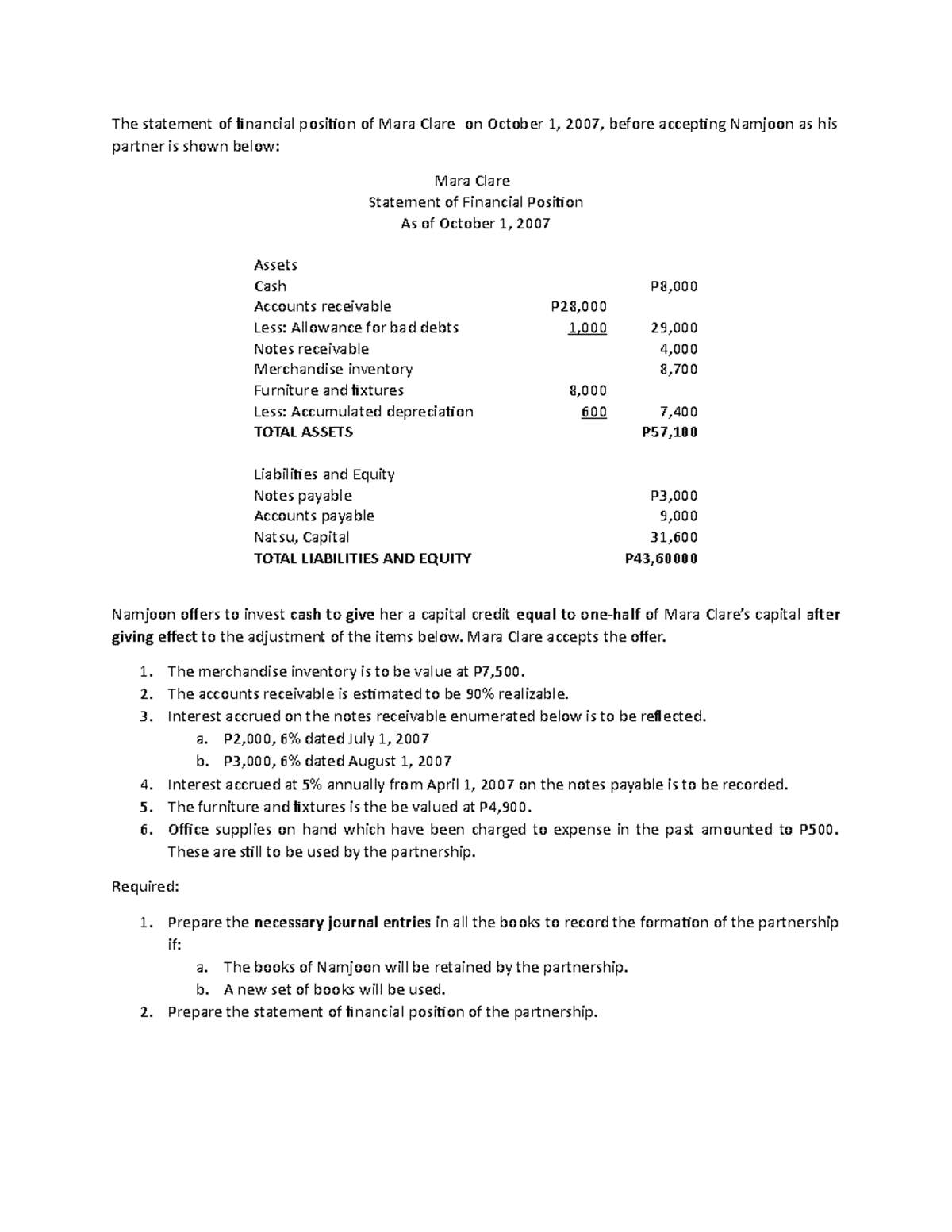 Operation- Partnership - The statement of financial position of Mara ...