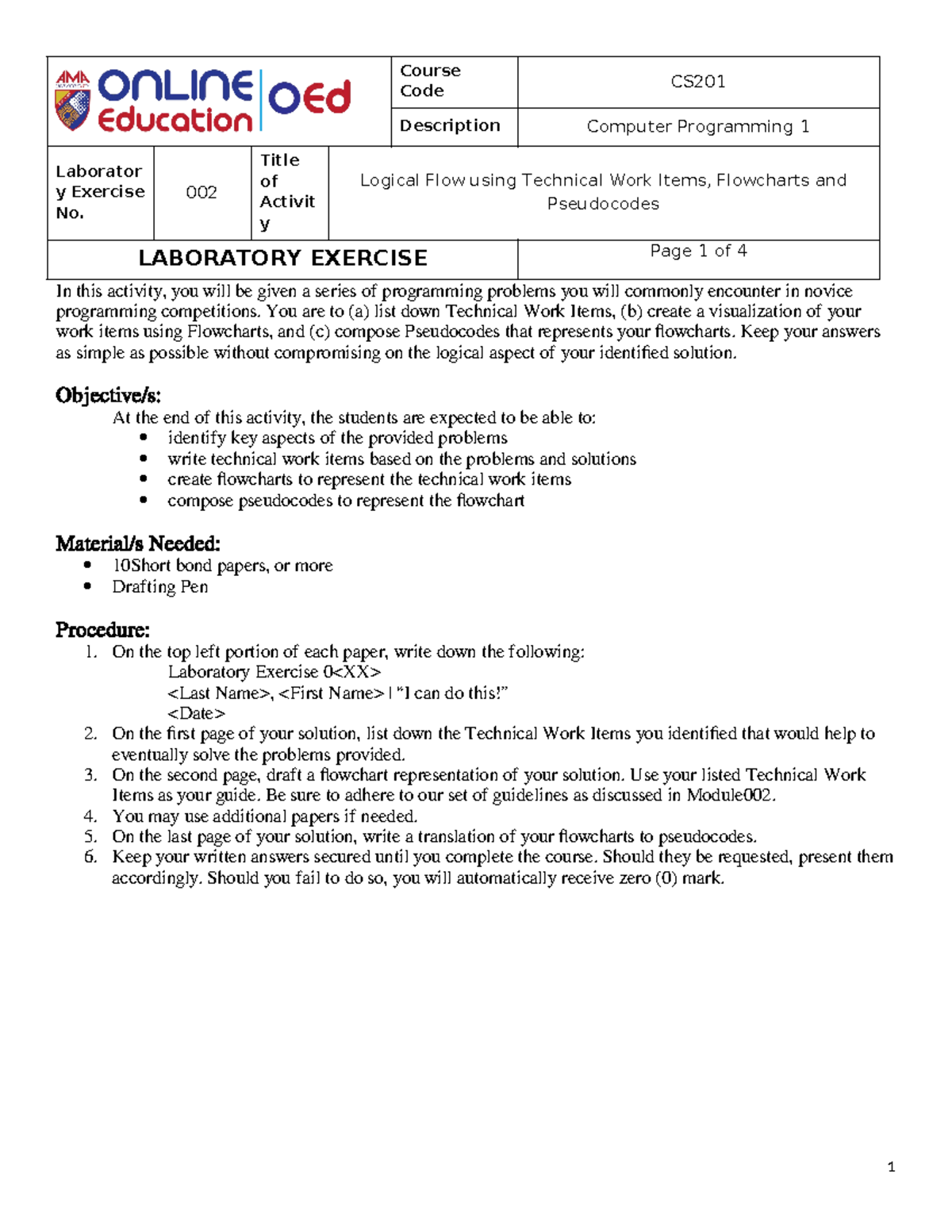 Week003 Lab2 Problem Solving Through Flowcharts 2 Edited In This Activity You Will Be Given A