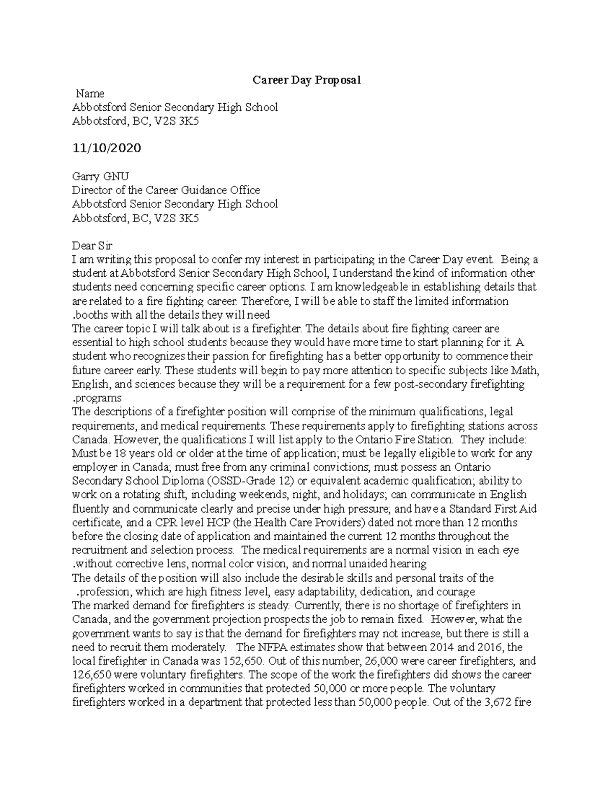 Assignment 3 - Grade: B+ - Career Day Proposal Name Abbotsford Senior ...