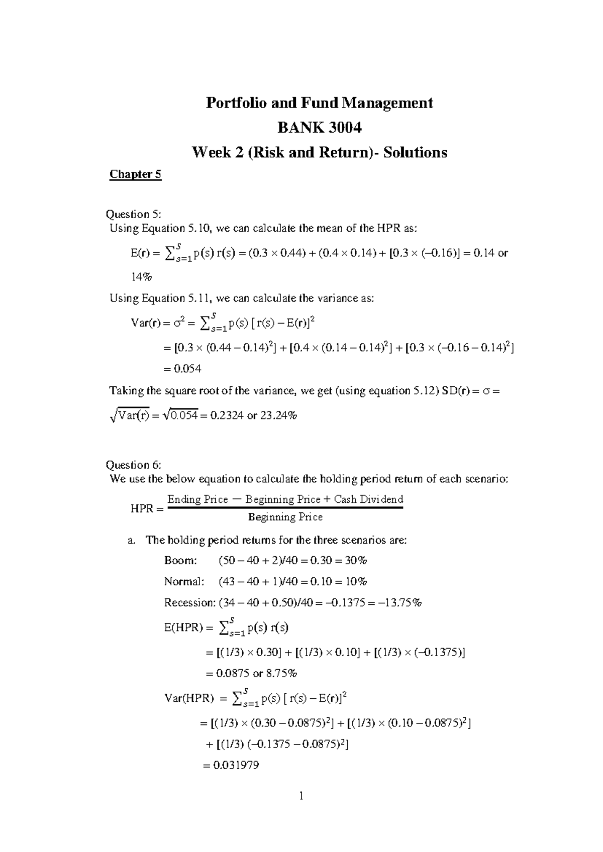 Tutorial Week2 Solutions - Portfolio and Fund Management BANK 3004 Week 2 (Risk and Return ...