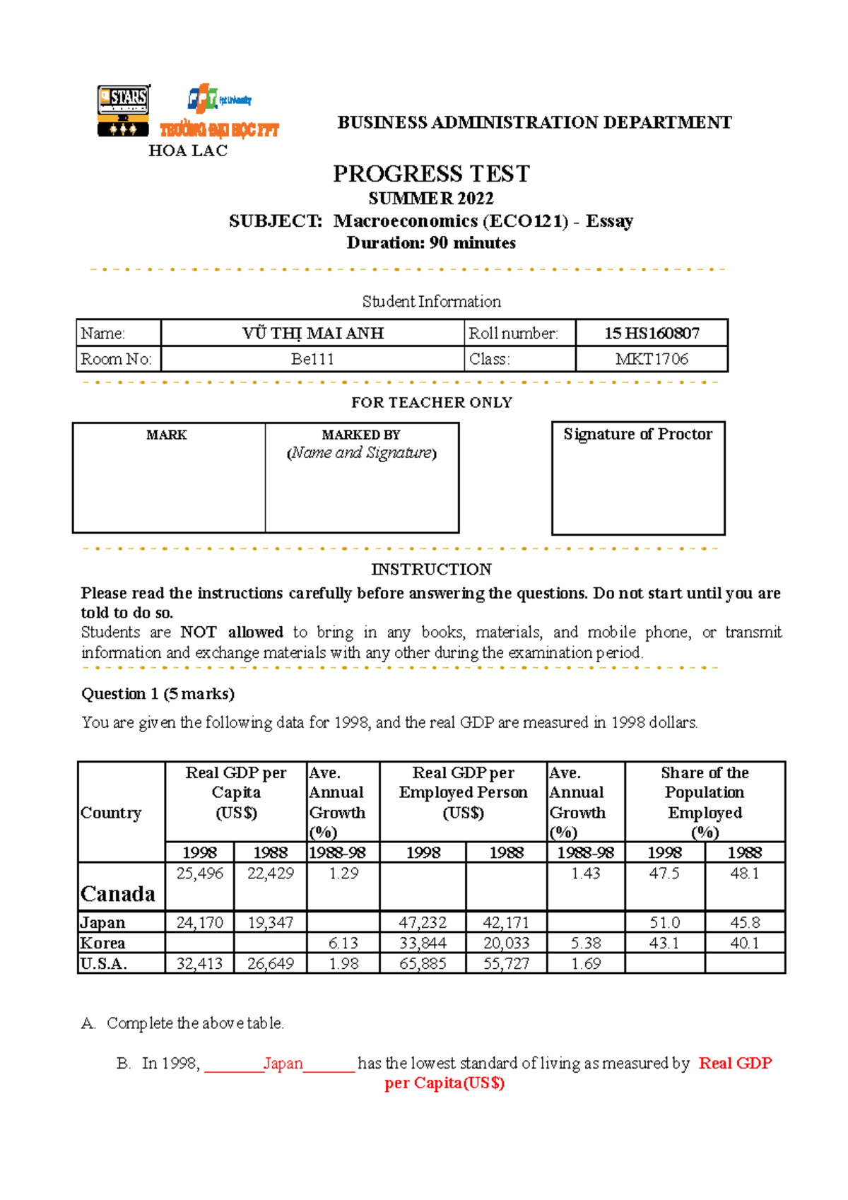 ECO121 Progress TEST Summer 2022 Vũ Thị Mai Anh HS160807 - HOA LAC ...