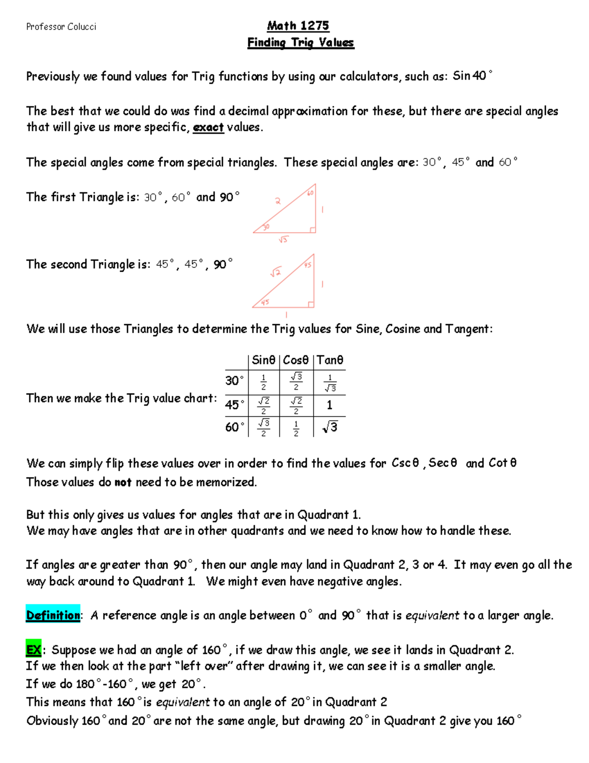 Trig_Values Lesson 31 - Professor Colucci Math 1275 Finding Trig Values ...