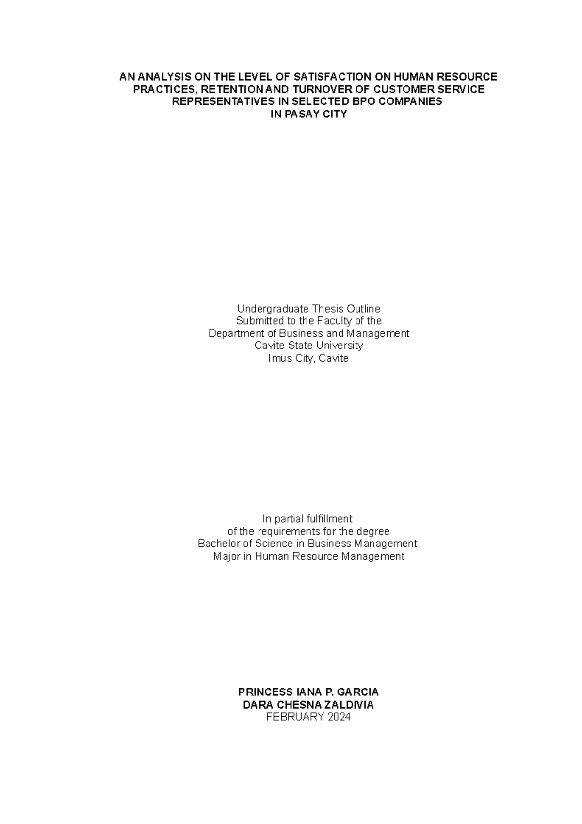 Thesis 1 R45 - AN ANALYSIS ON THE LEVEL OF SATISFACTION ON HUMAN RESOURCE PRACTICES, RETENTION ...