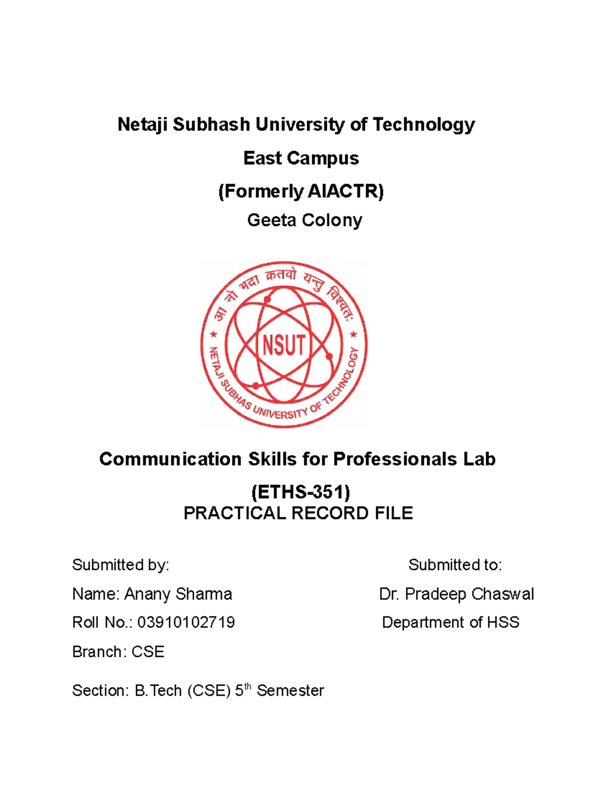 Comm Csfp 5th Sem Netaji Subhash University Of Technology East Campus Formerly Aiactr