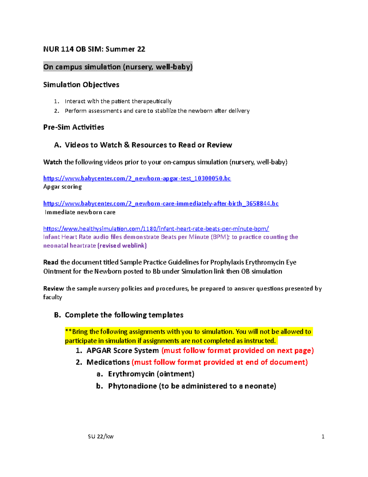 Revised OB Sim Pre Sim.NUR 114 Su 22) - NUR 114 OB SIM: Summer 22 On ...