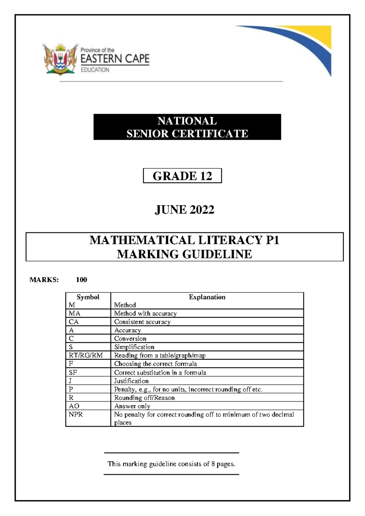 Maths LIT P1 GR12 MEMO JUNE 2022 English - NATIONAL SENIOR CERTIFICATE GRADE 1 2 JUNE 2022 - Studocu