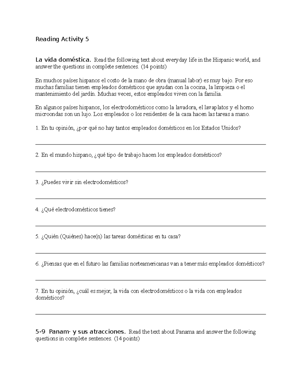 Reading Activity 5 - over chapter 5 - Reading Activity 5 La vida ...