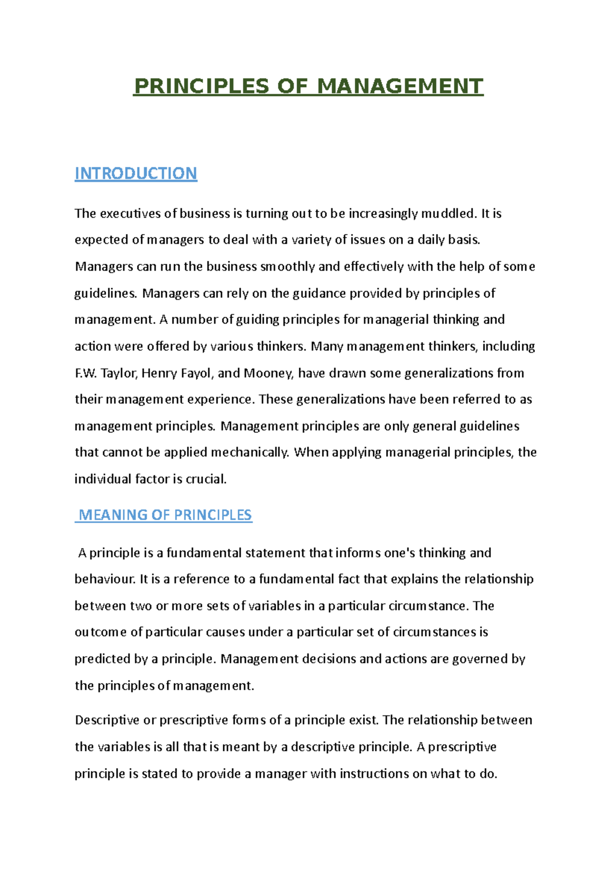 Principles OF Management - PRINCIPLES OF MANAGEMENT INTRODUCTION The ...