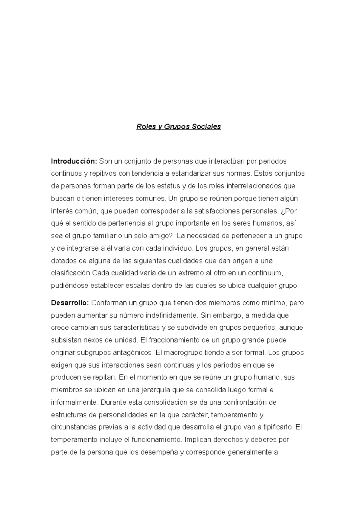 Sociologia - resumen de roles - Roles y Grupos Sociales Introducción ...