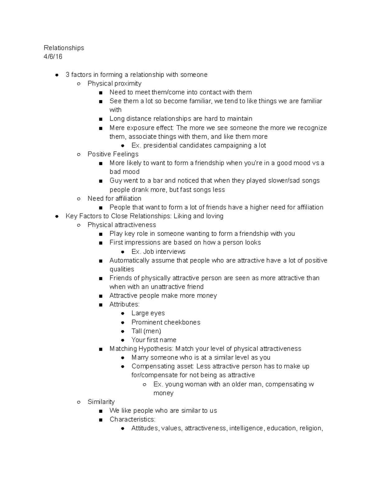 Relationships - class notes - Relationships 3 factors in forming a ...
