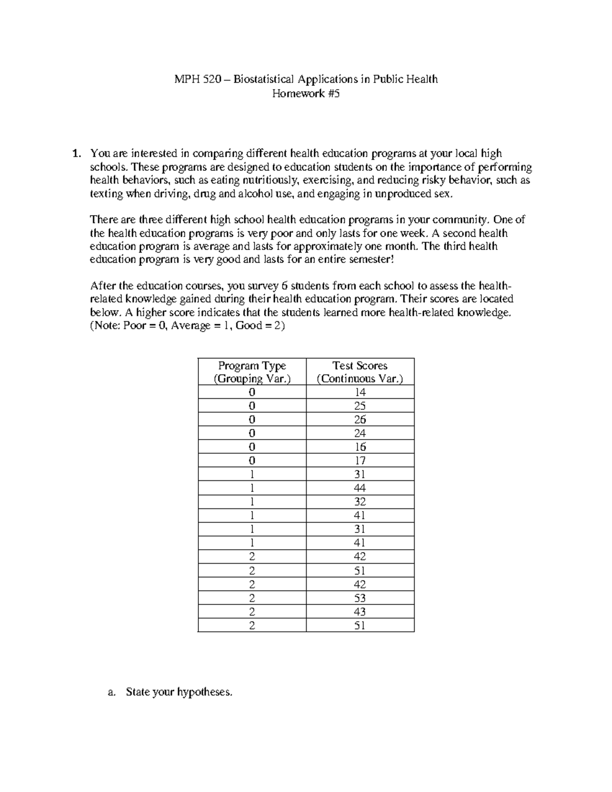 Homework 5 - Anova - MPH 520 – Biostatistical Applications in Public Health Homework # You are ...