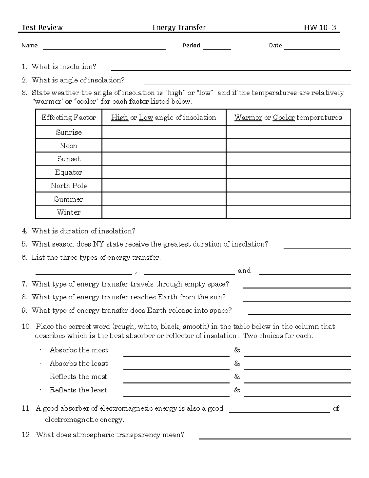 Test Review Energy Transfer HW 10- 3 - Effecting Factor High or Low ...