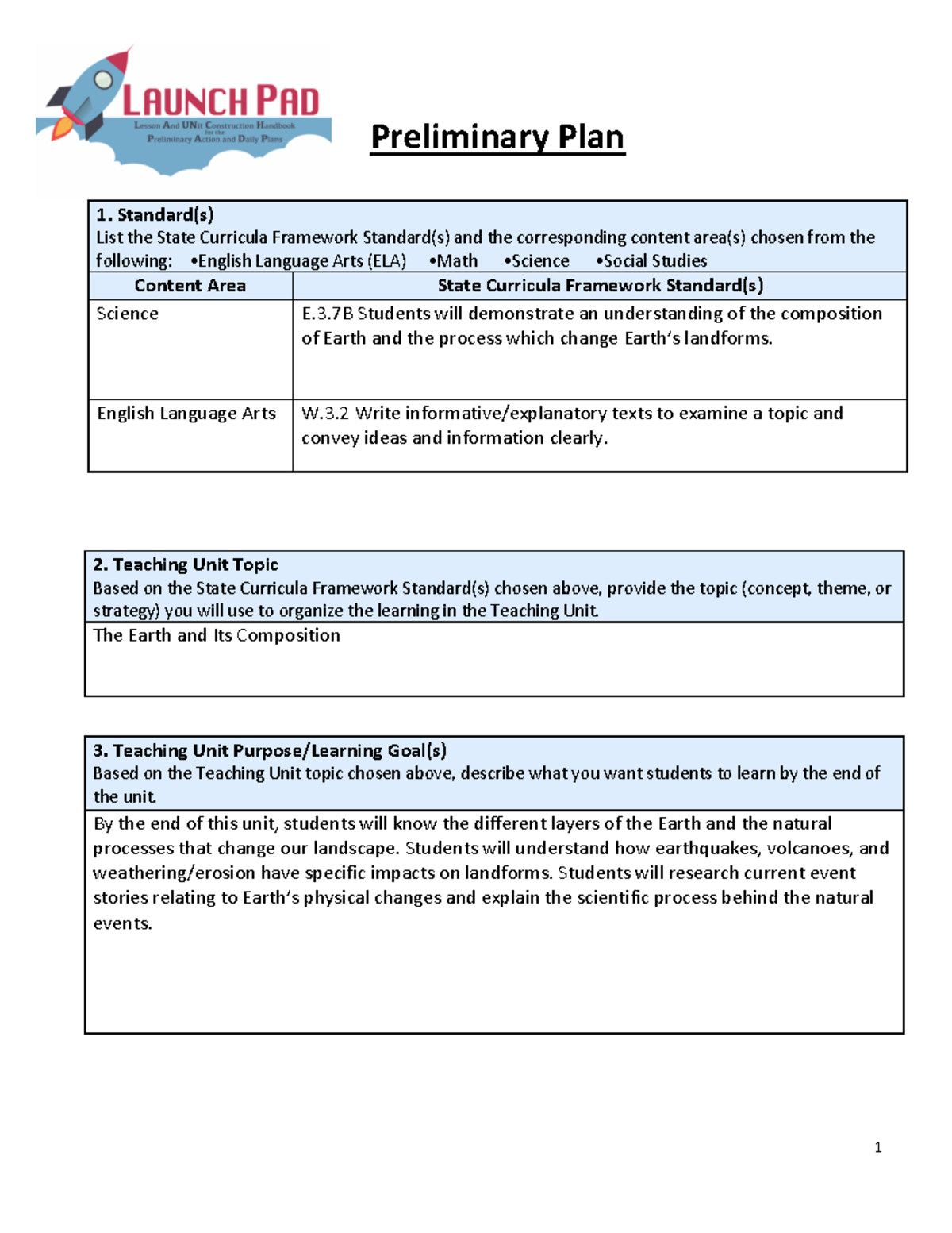 Science Unit Plan - 1 Preliminary Plan 2. Teaching Unit Topic Based on ...