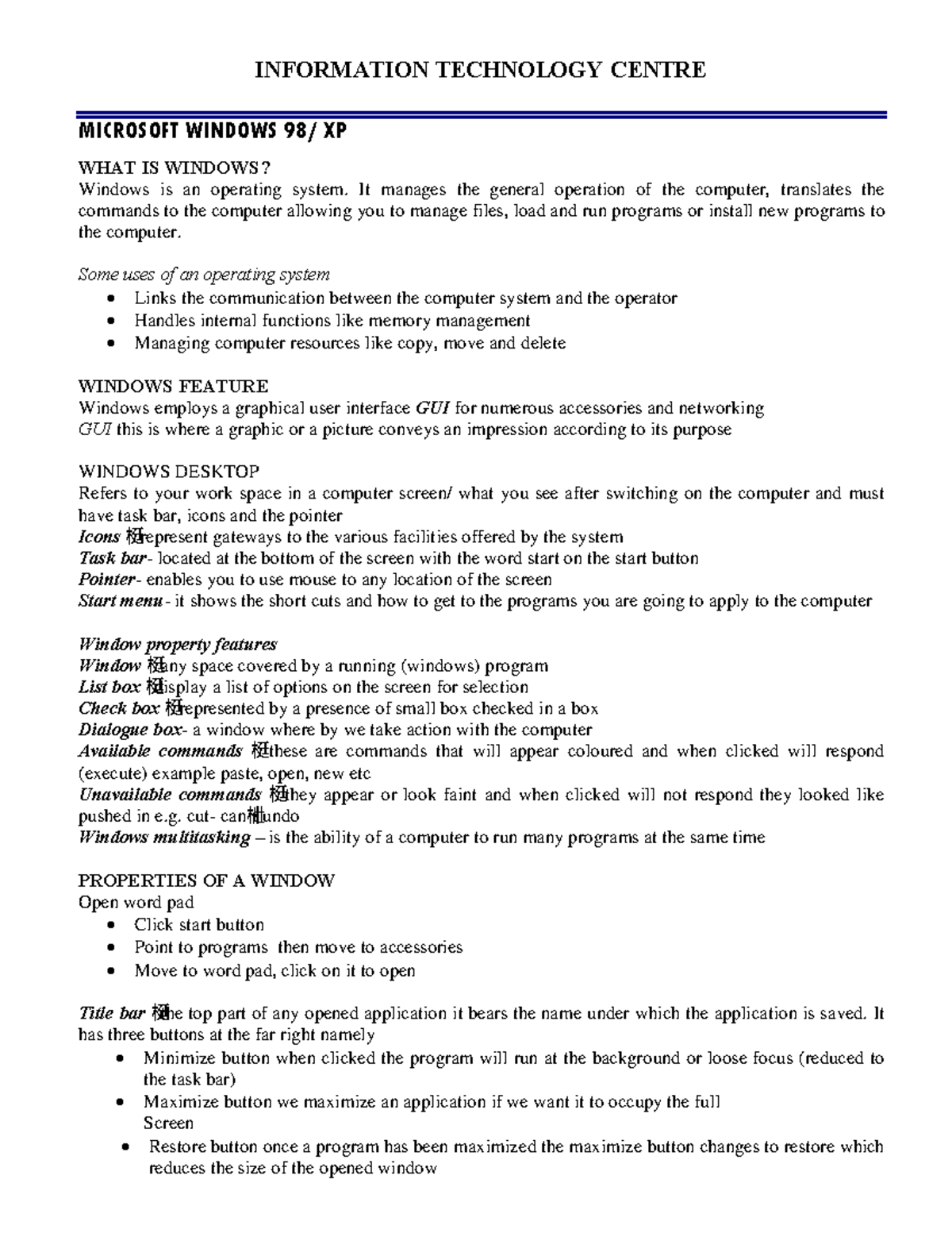 Windows XP Notes - INFORMATION TECHNOLOGY CENTRE MICROSOFT WINDOWS 98 ...
