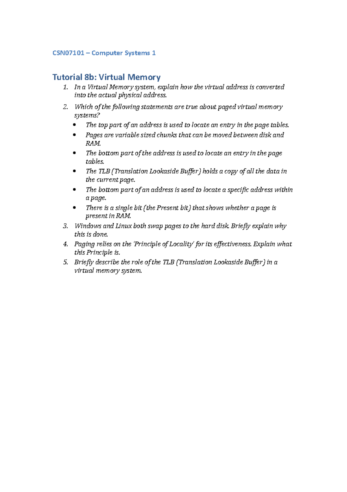 Tutorial 8 - Virtual Memory - CSN07101 – Computer Systems 1 Tutorial 8b ...