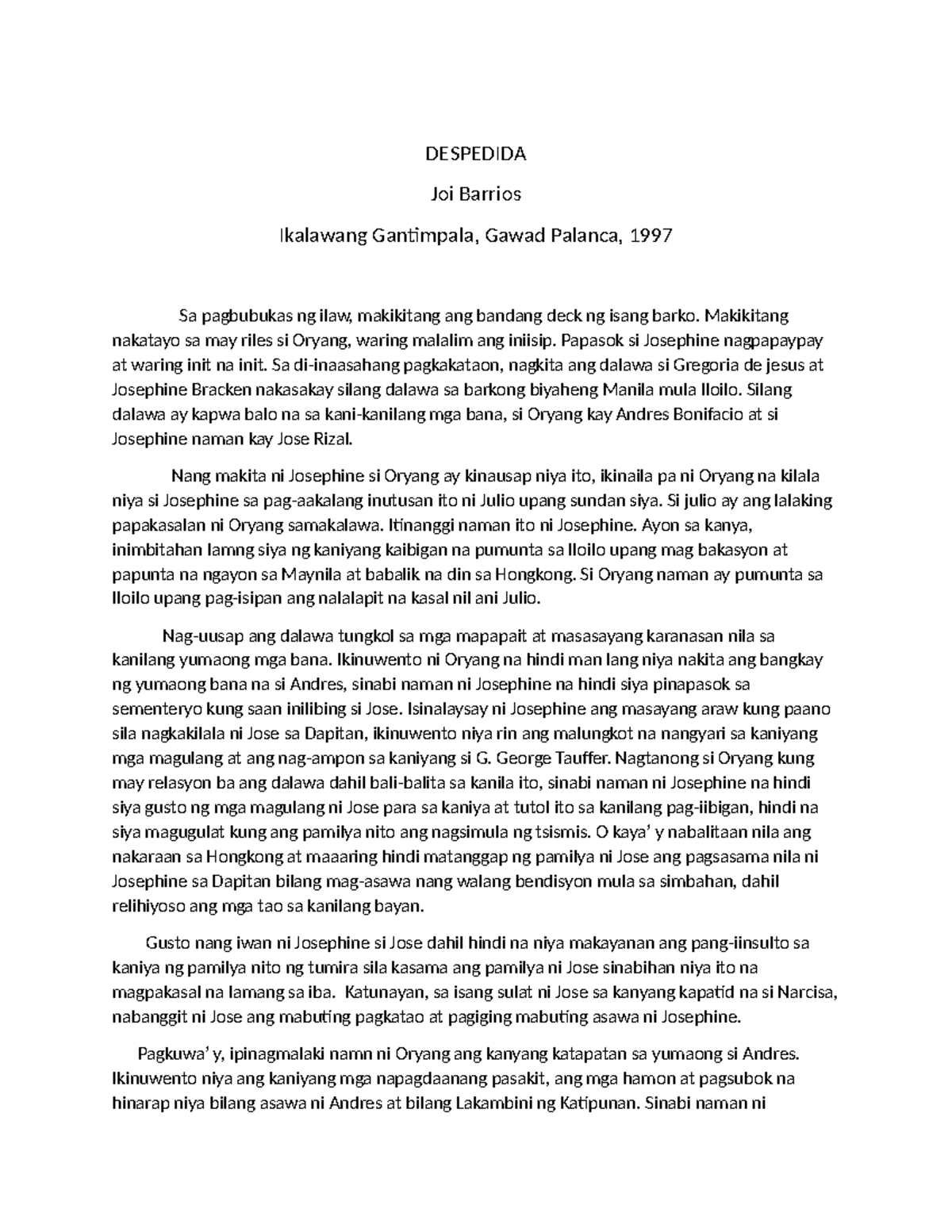 Despedida - ... - DESPEDIDA Joi Barrios Ikalawang Gantimpala, Gawad ...