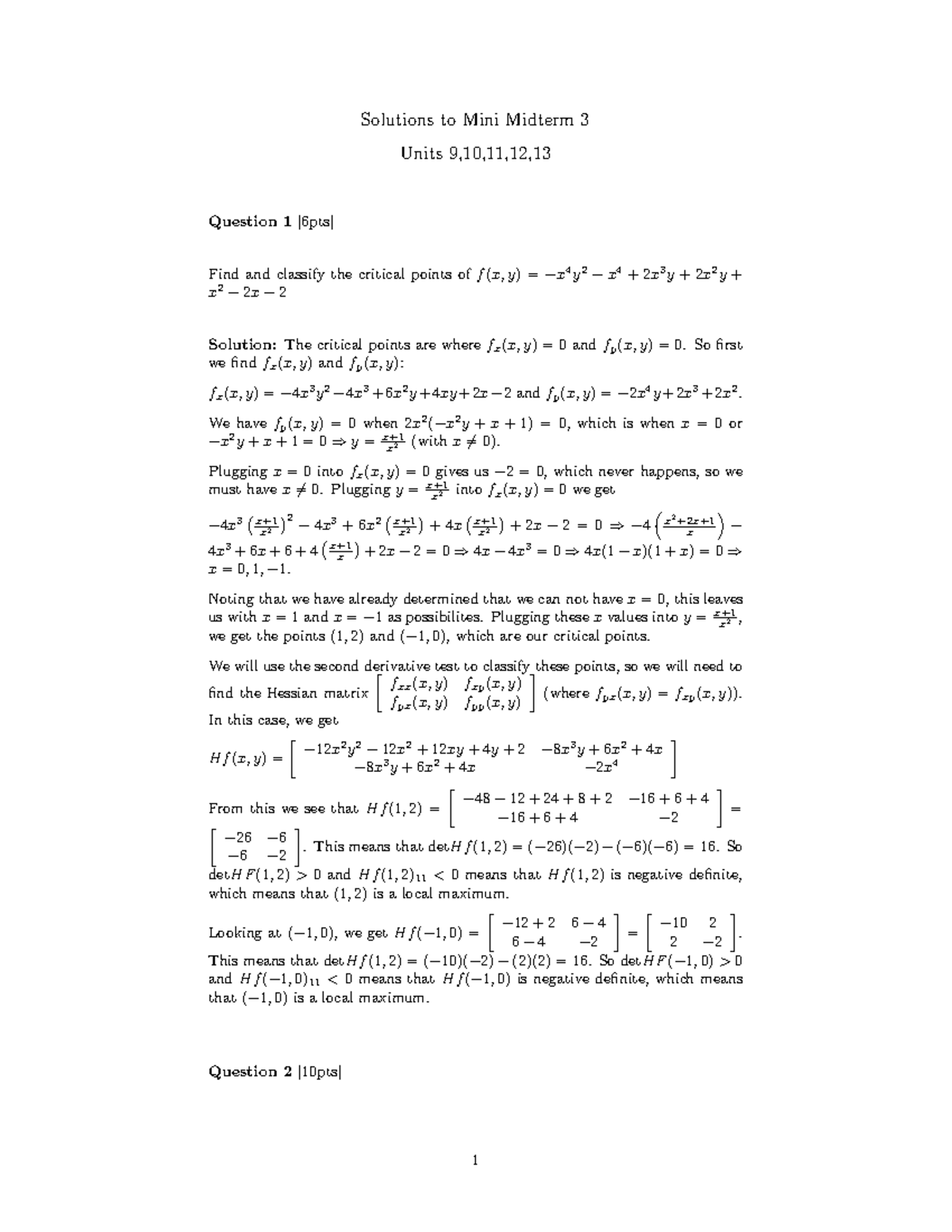 Mini Mid 3 Sol - midterm 3 - Solutions to Mini Midterm 3 Units 9,10,11 ...