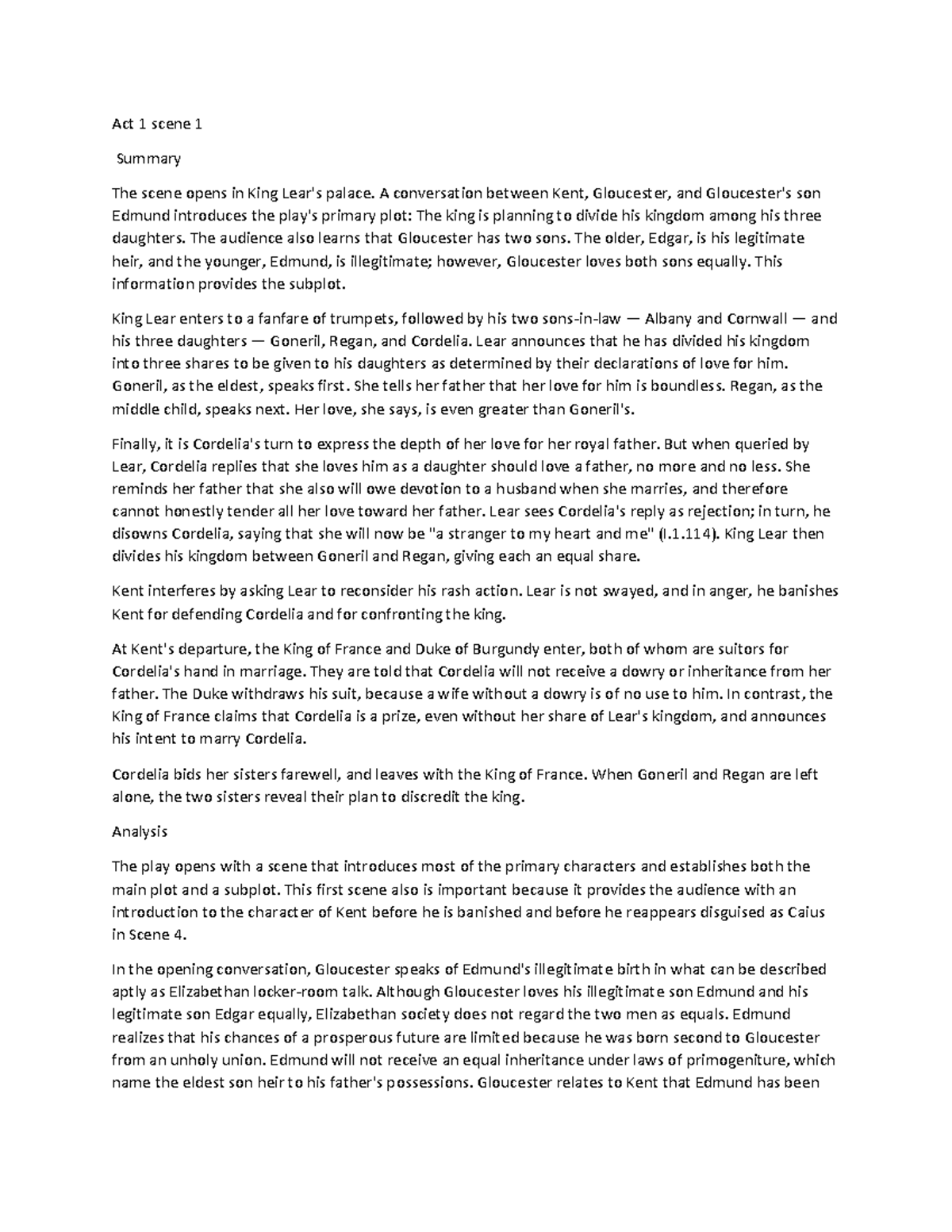 Act 1 scene 1 - summery - Act 1 scene 1 Summary The scene opens in King ...