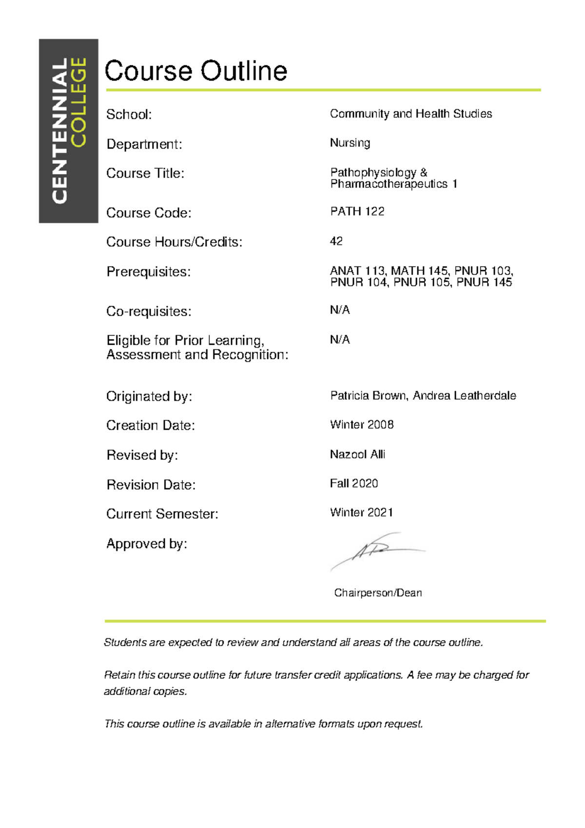 PATH 122 Course Outline - Course Outline School: Community and Health ...