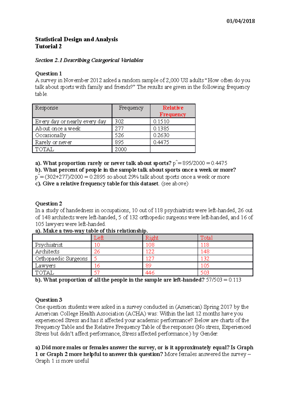 Tutorial 2 Section 2.1, 2.2, 2.3 - 03/04/2018 Statistical Design and ...