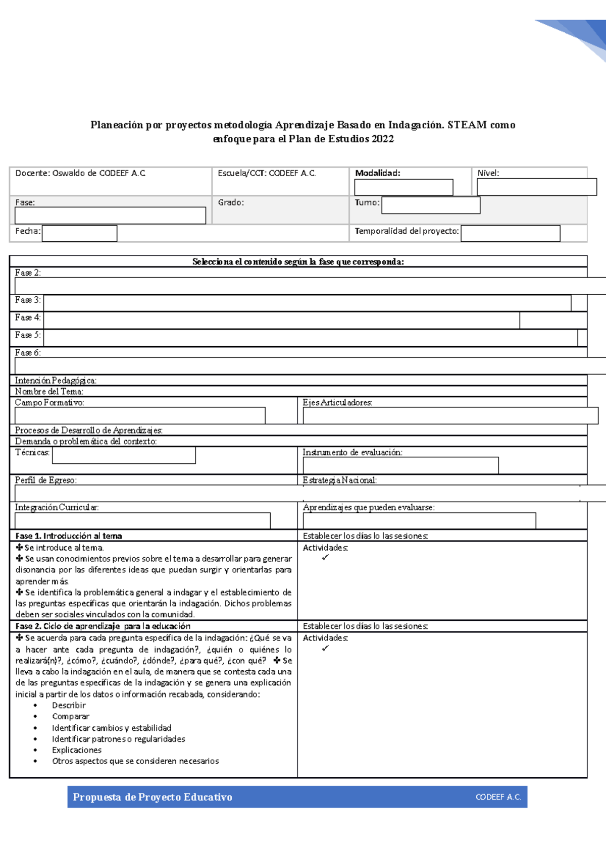 Formato editable para Planeación Aprendizaje Basado en Indagación. Steam como enfoque.docx ...