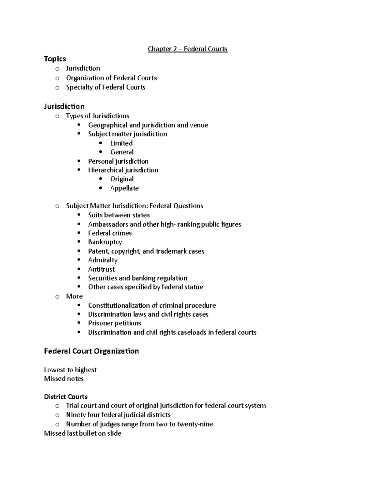 Chapter 2 Lecture Notes - Chapter 2 – Federal Courts Topics o ...