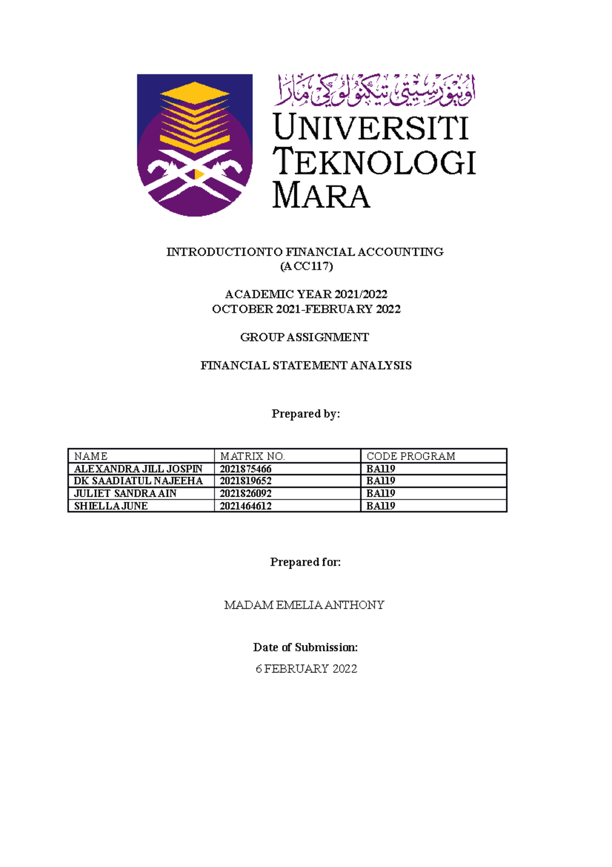 Group Project 2 (ACC117) - INTRODUCTIONTO FINANCIAL ACCOUNTING (ACC117 ...