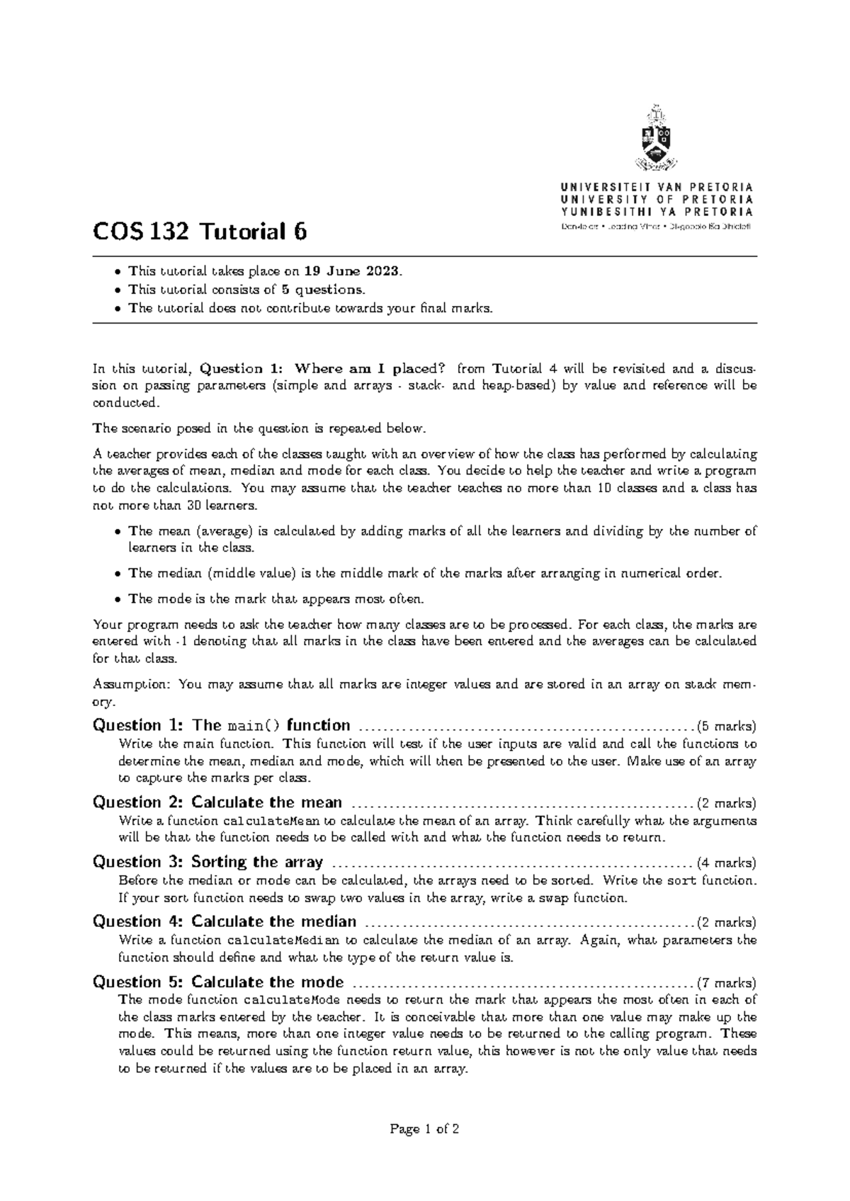 cos132 worksheet - COS 132 Tutorial 6 This tutorial takes place on 19 June 2023. This tutorial ...