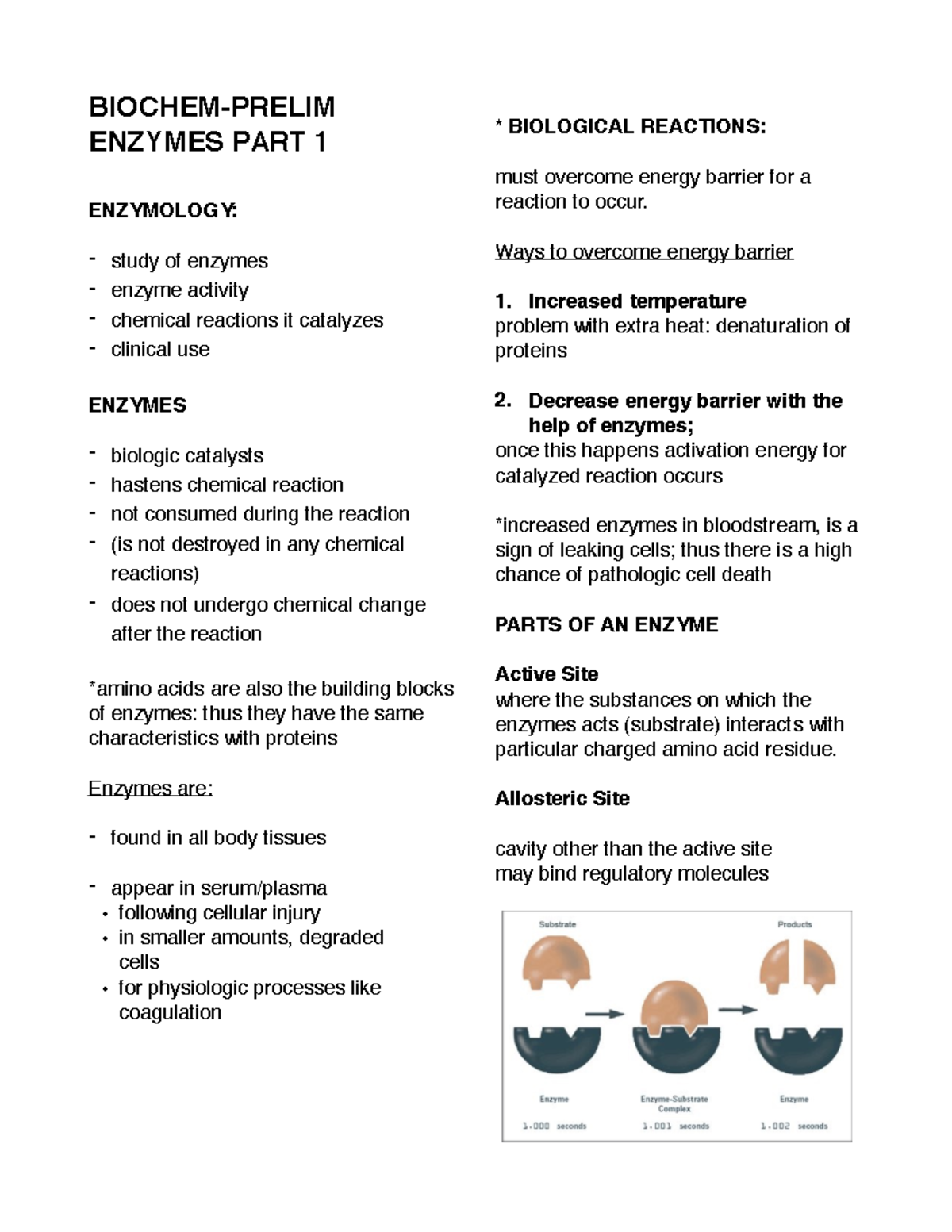 Enzymes - lab notes - BIOCHEM-PRELIM ENZYMES PART 1 ENZYMOLOGY: - study ...