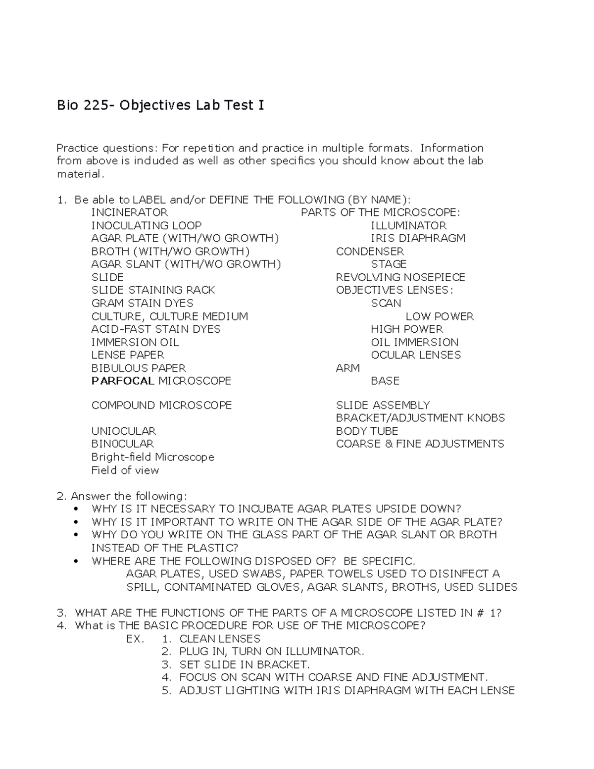 Lab Test I Study Guide - Lecture notes - Bio 225- Objectives Lab Test I ...