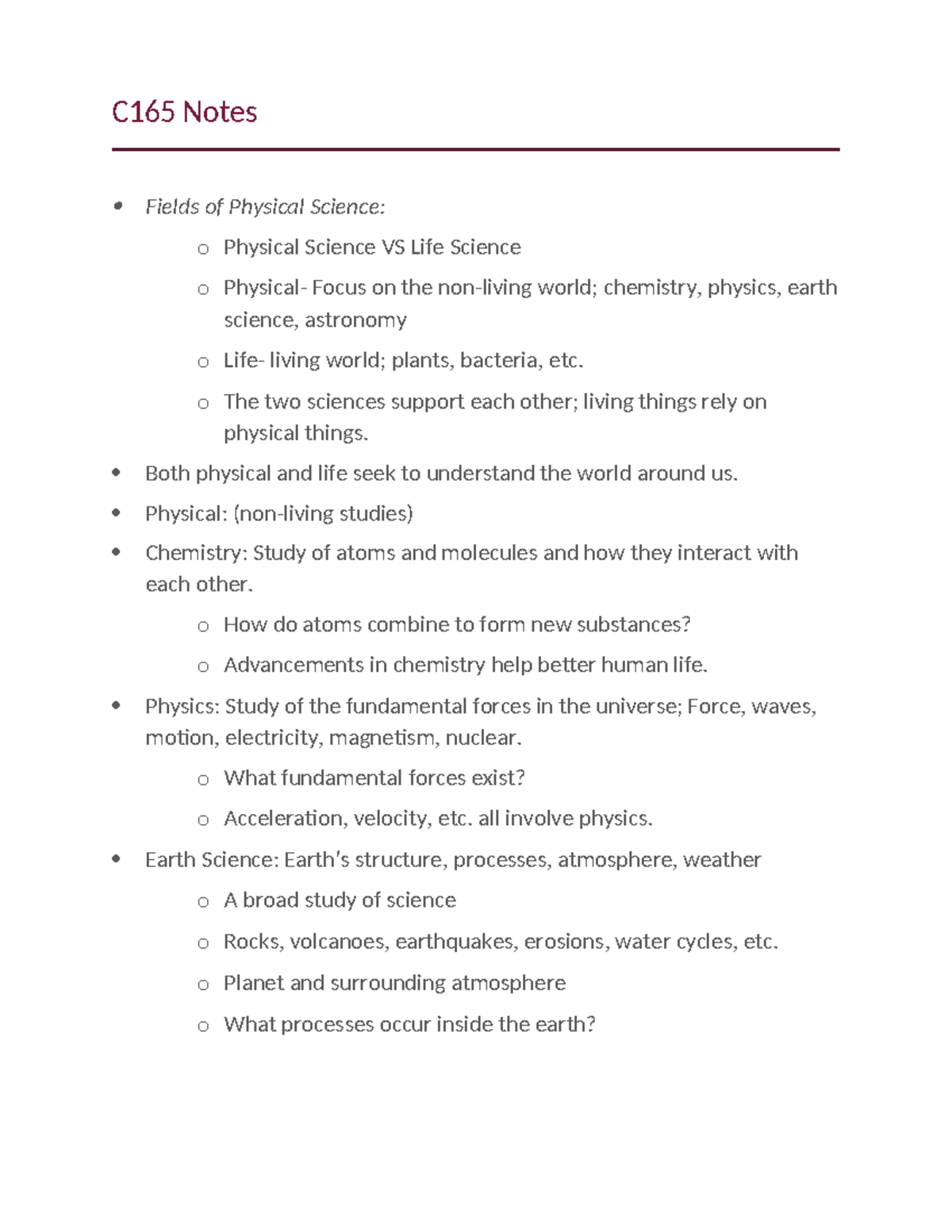 C165 Notes - C165 Notes Fields of Physical Science: o Physical Science ...