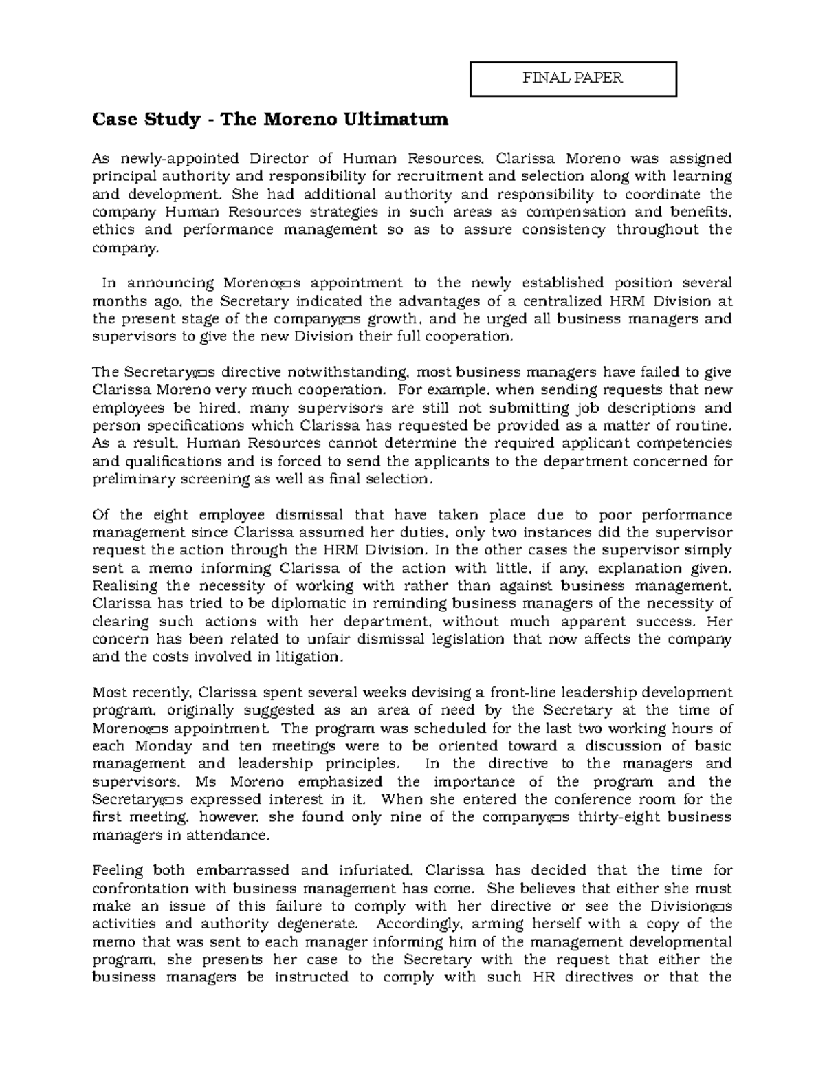 CASE Study Clarissa Moreno - FINAL PAPER Case Study The Moreno ...