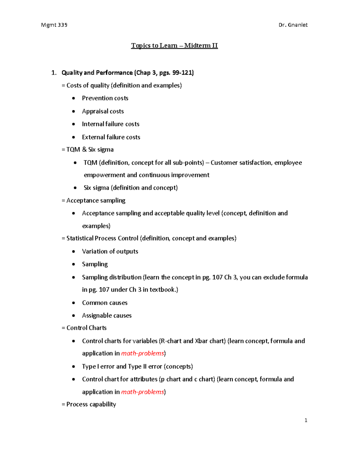 Topics to Learn - Midterm II (Updated) - Topics to Learn – Midterm II Quality and Performance ...