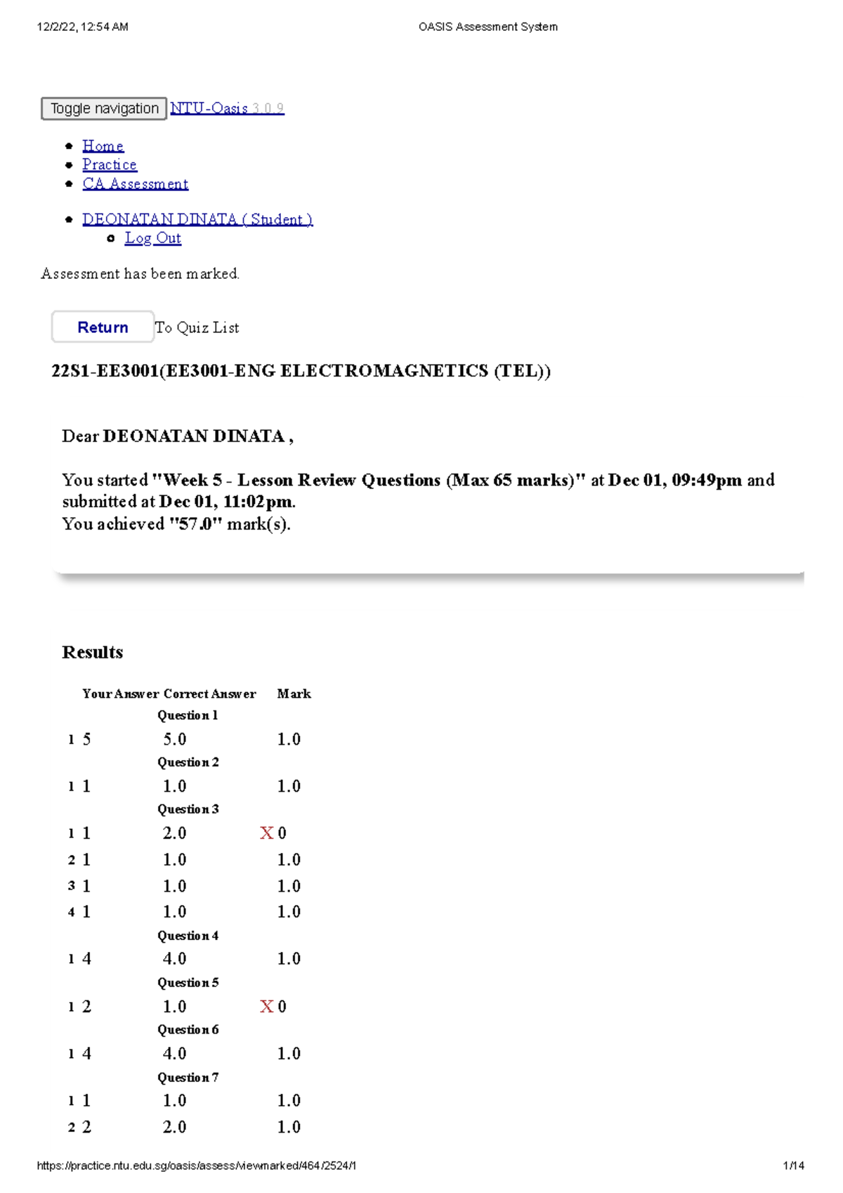 Oasis Assessment System week 7 - EE3001 - NTU - Studocu