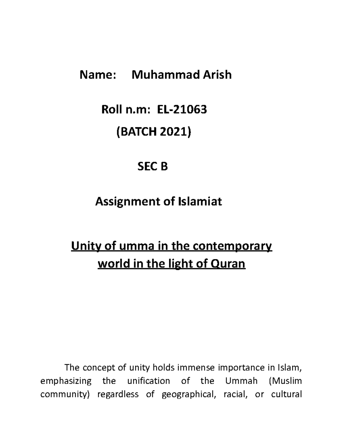 ISL-el21063 - Assignment - Name: Muhammad Arish Roll n: EL- (BATCH 2021) SEC B Assignment of ...