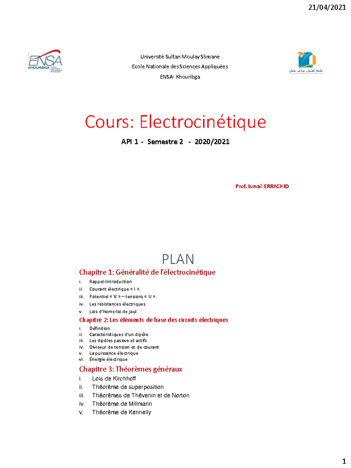 Electrocinetique 1 - Cours: Electrocinétique API 1 - Semestre 2 - 2020 ...